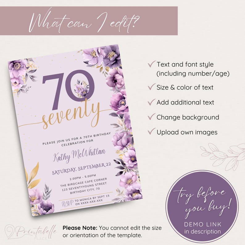 Purple & Gold 70th Birthday Invitation: Elegant Floral Invite ...