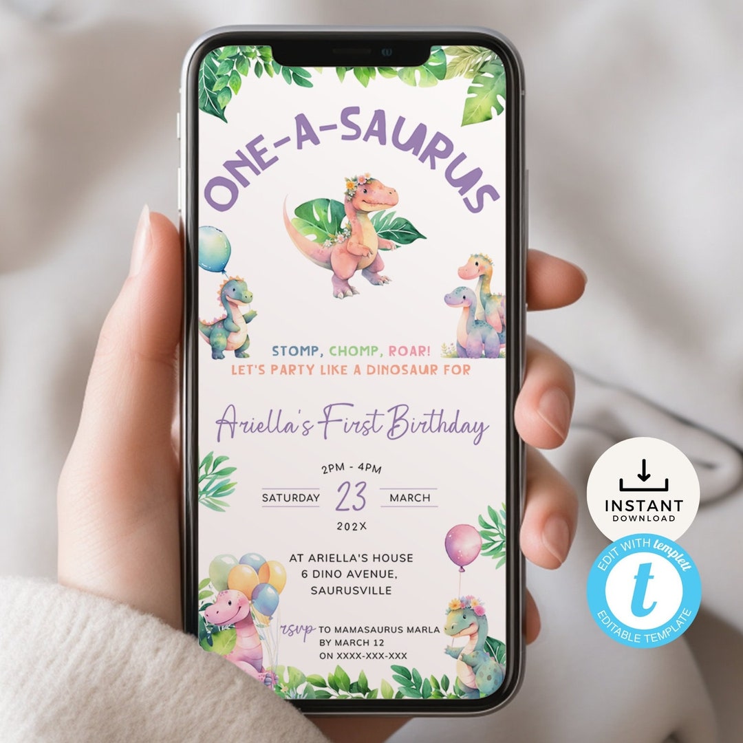 One A Saurus Electronic Birthday Invitation, Dinosaur First Bday Party ...
