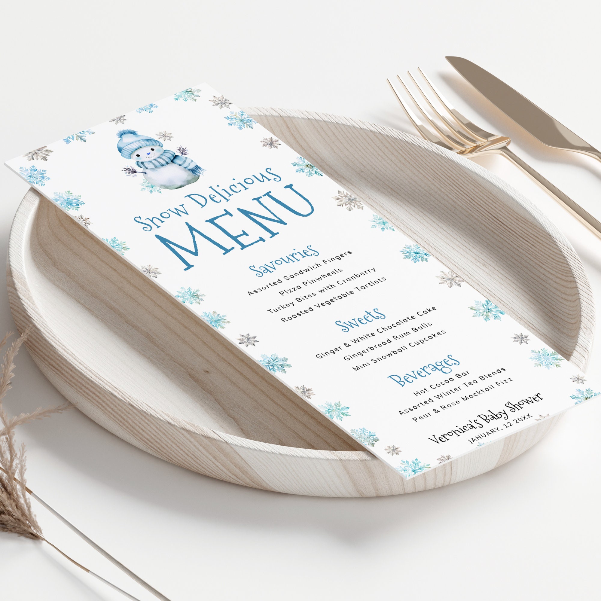 Winter Themed Menu Template, Dusty Blue Snowman Food List, Blue Snowflakes Baby Shower Brunch ...