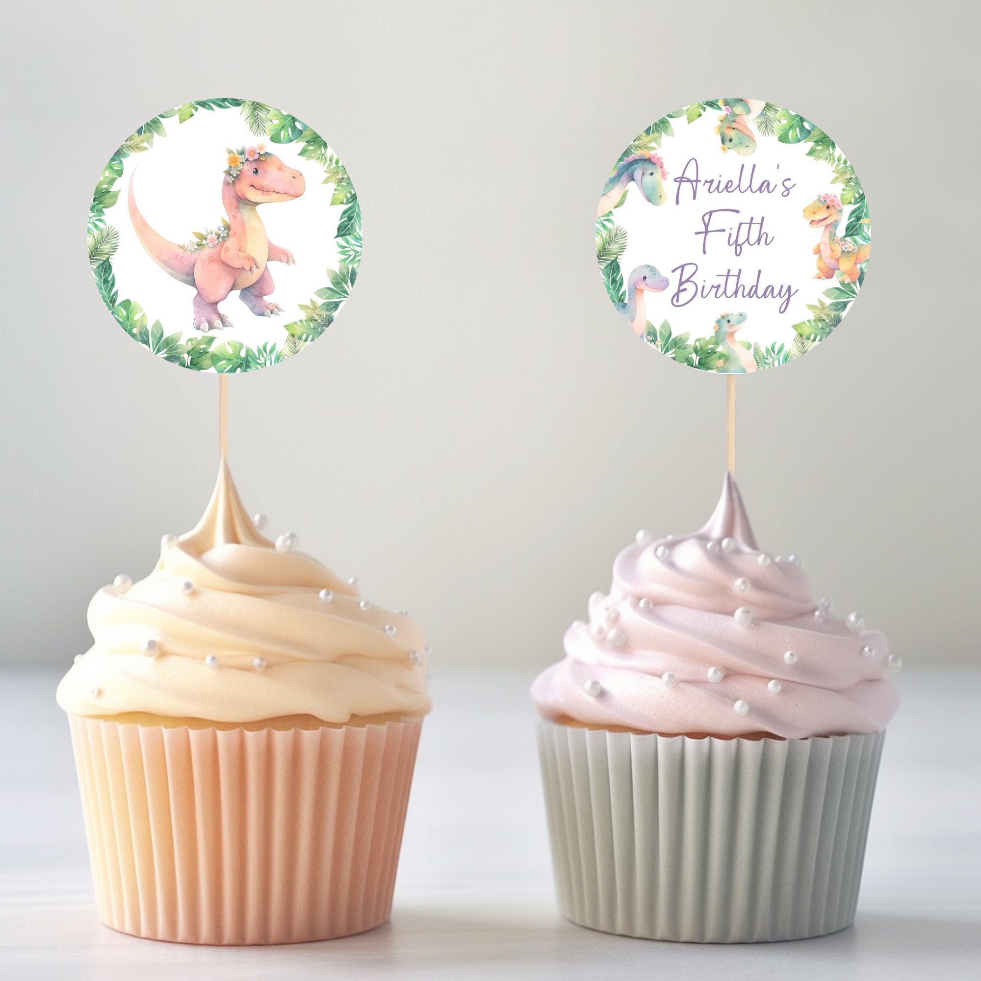 Dinosaur Birthday Cupcake Toppers Printable for Girl Five A Saurus 5th ...