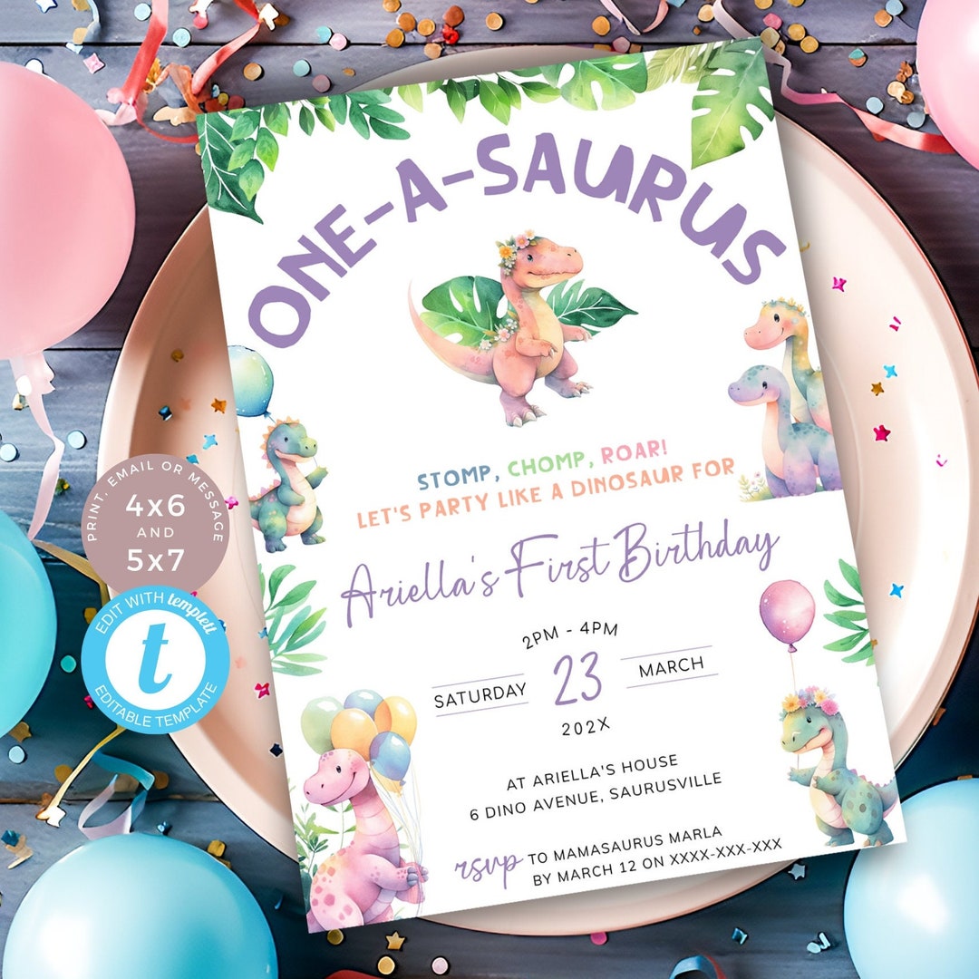 One A Saurus Birthday Invitation Template With Pastel Dinosaurs ...