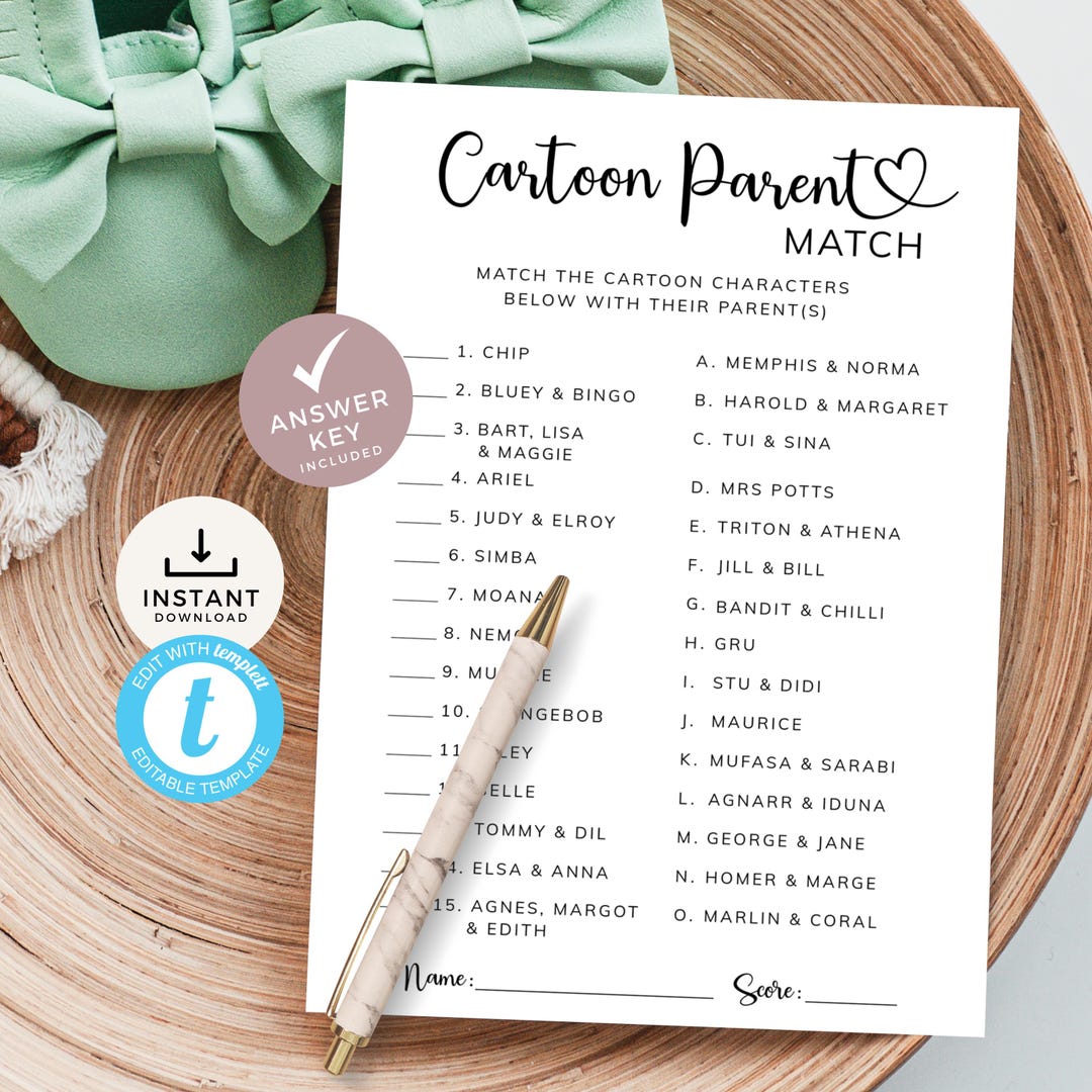 Cartoon Parent Match, Modern Baby Shower Game, Minimal Guessing Quiz ...