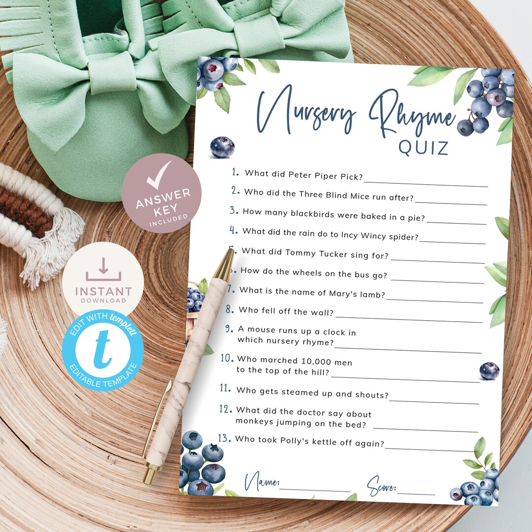 Blueberry Nursery Rhyme Quiz Game, Berry Sweet Baby Shower Trivia Games ...