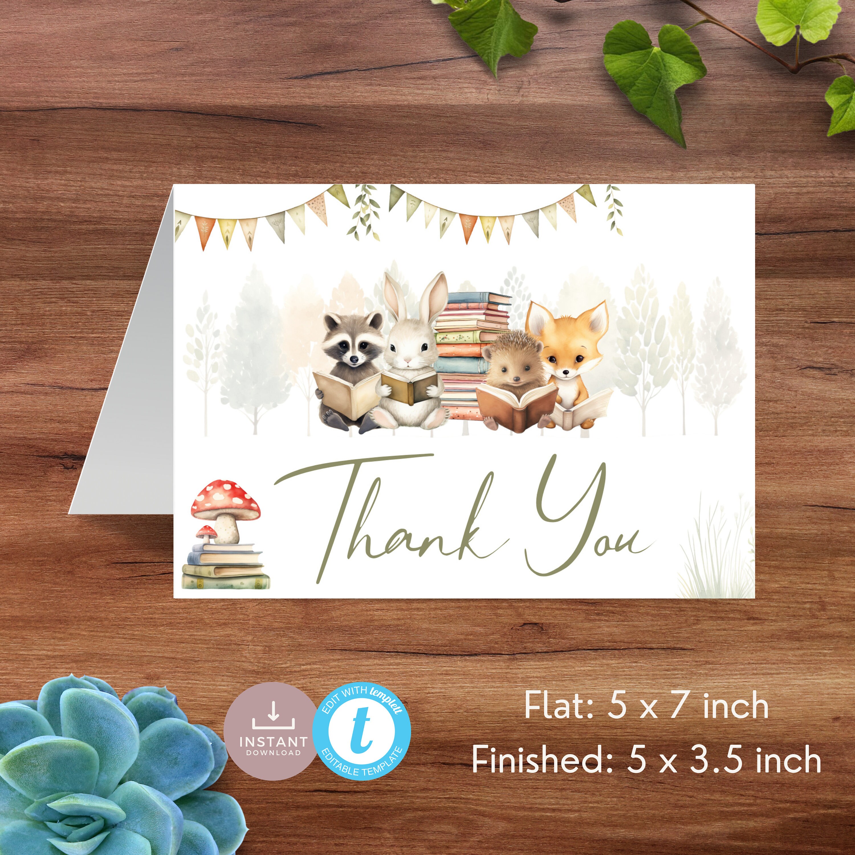 Storybook Themed Thank You Card Tent Fold, Woodland Animals in Forest ...