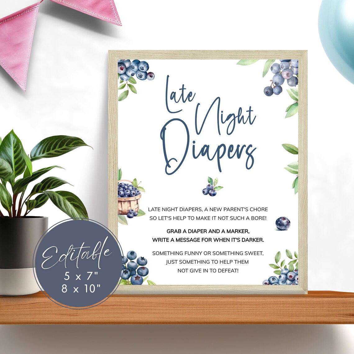 Blueberry Late Night Diapers Sign Template, Berry Sweet Baby Shower ...
