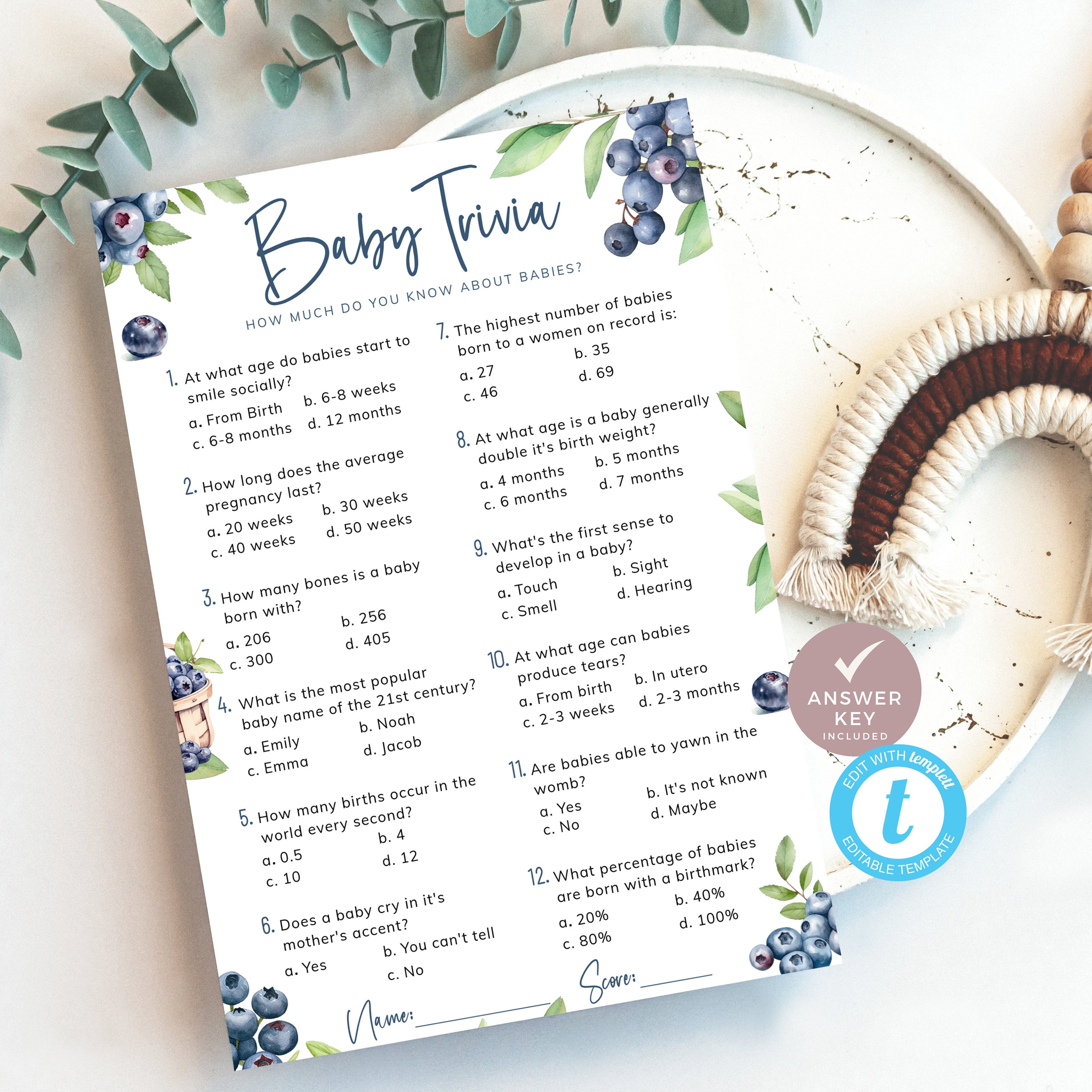 Blueberry Baby Trivia With Answer Key, Berry Sweet Baby Shower Game ...