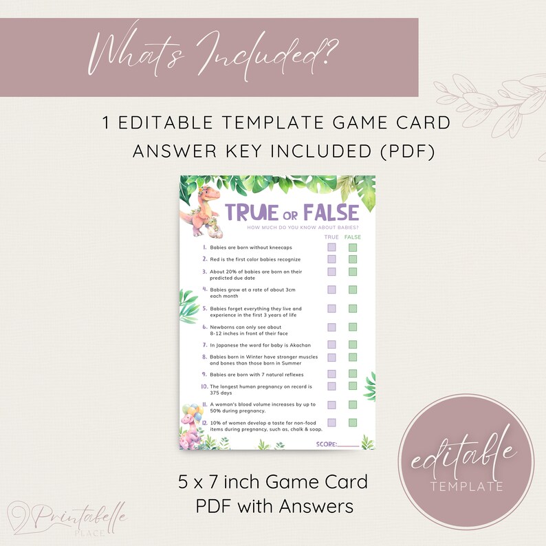 Dinosaur Baby Shower Game True or False, Pregasaurus Baby Trivia Quiz ...