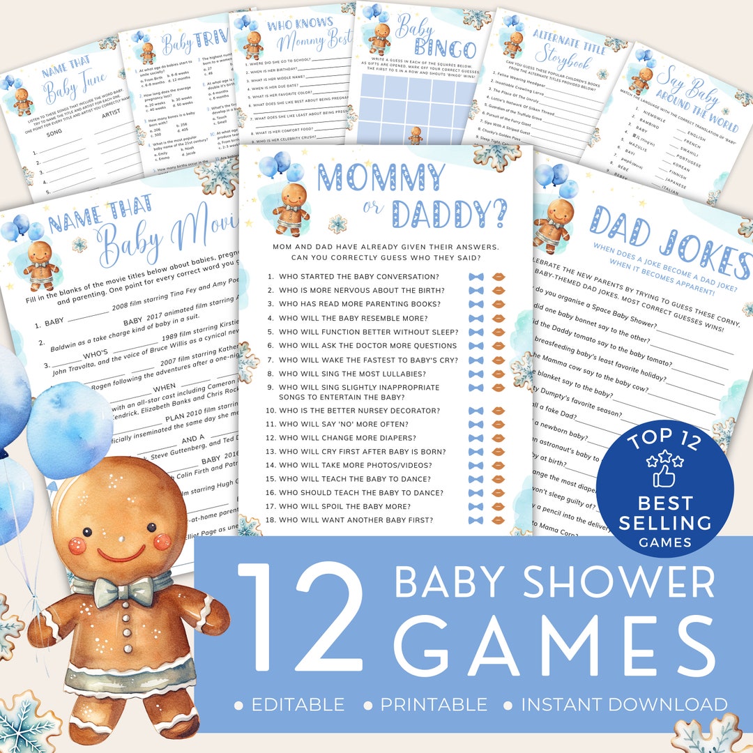 Gingerbread Man Baby Shower Games Bundle, Blue Sweet Boy Activity Pack ...