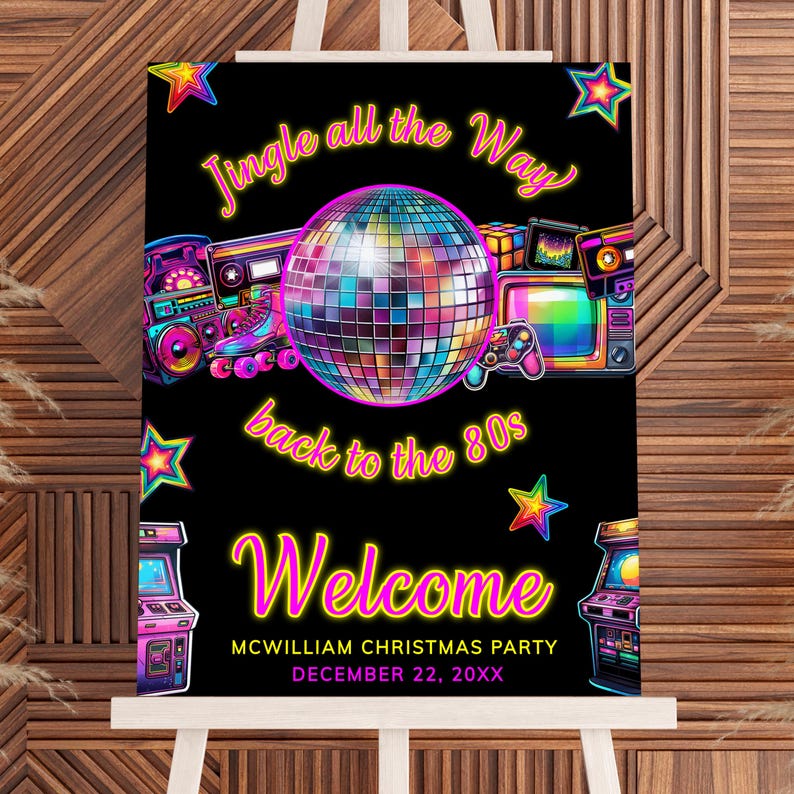 80s Christmas Party Welcome Sign, Neon Eighties Holiday Easel Poster ...