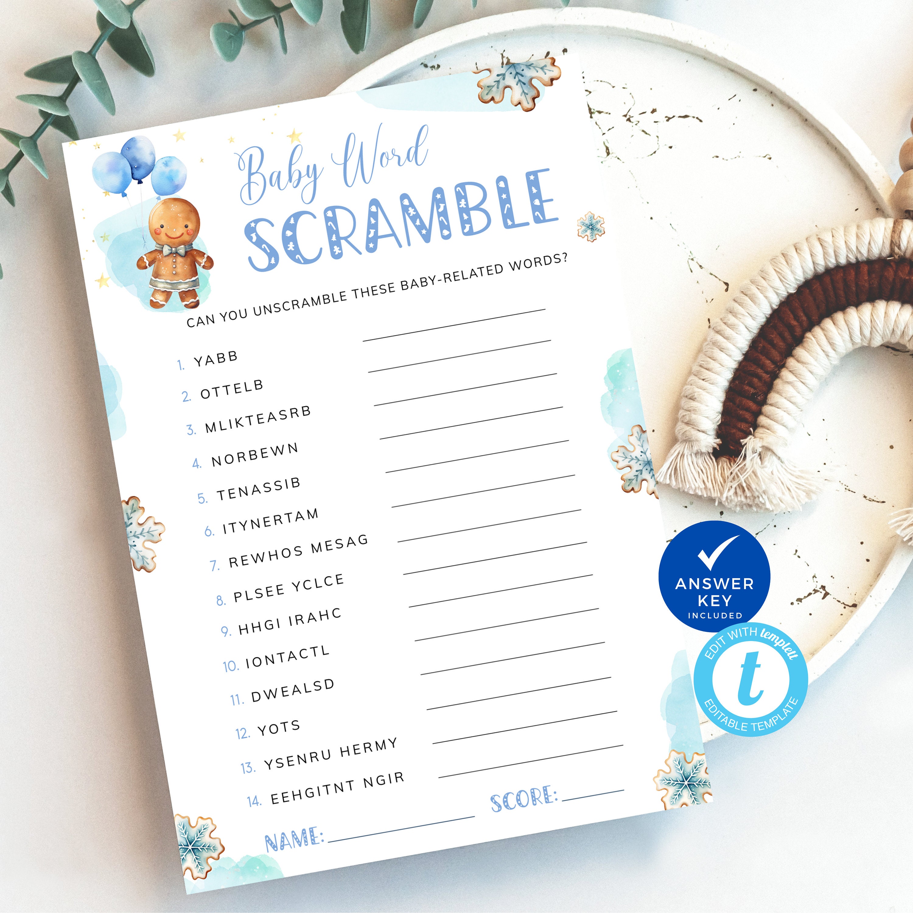 Gingerbread Baby Shower Word Scramble With Answer Key, Blue Christmas ...