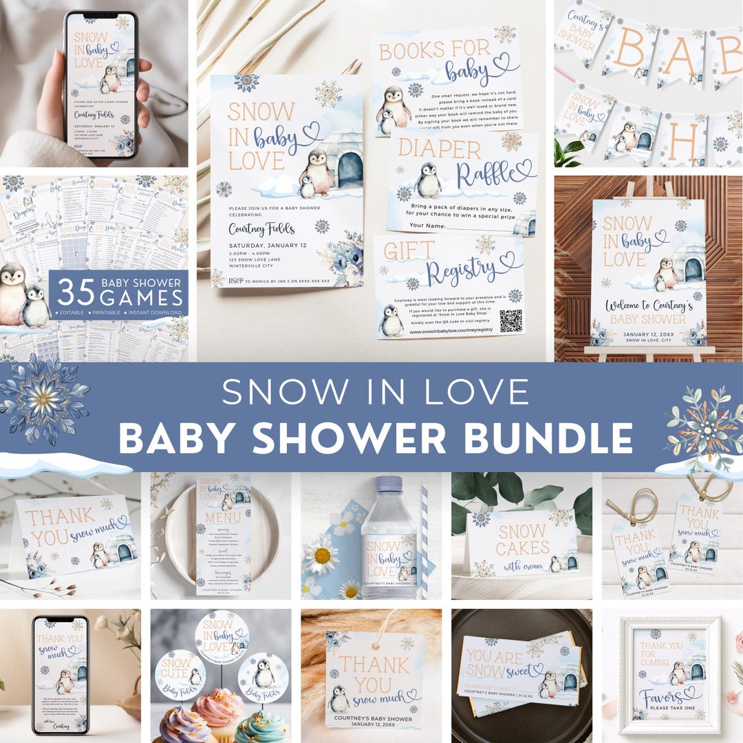Snow in Love Baby Shower Bundle: Penguin Winter Wonderland Theme Blue ...