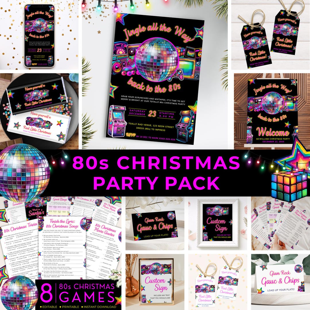 80s Christmas Party Pack, Eighties Themed Bundle, Neon Holiday Set ...