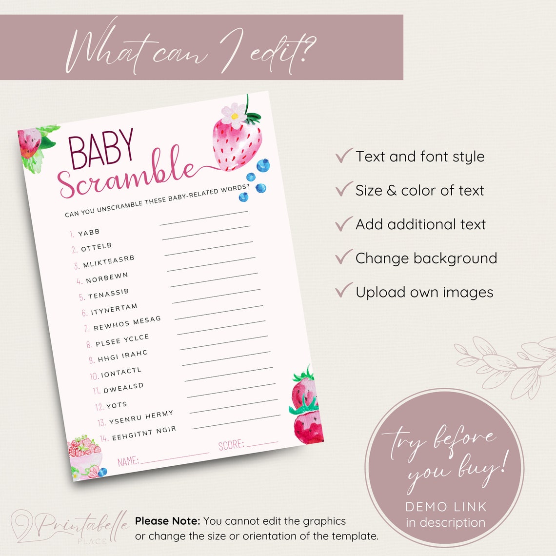 Strawberry Baby Scramble Game Template, Berry Sweet Baby Shower Word ...