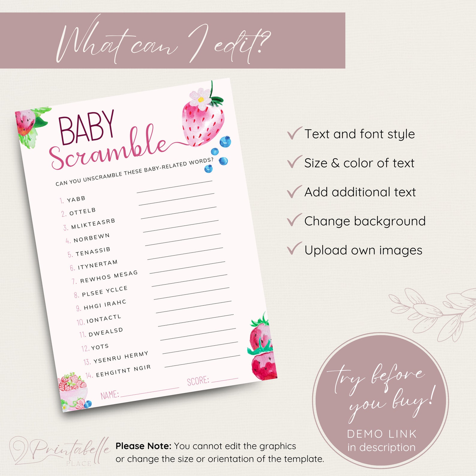 Strawberry Baby Scramble Game Template, Berry Sweet Baby Shower Word ...