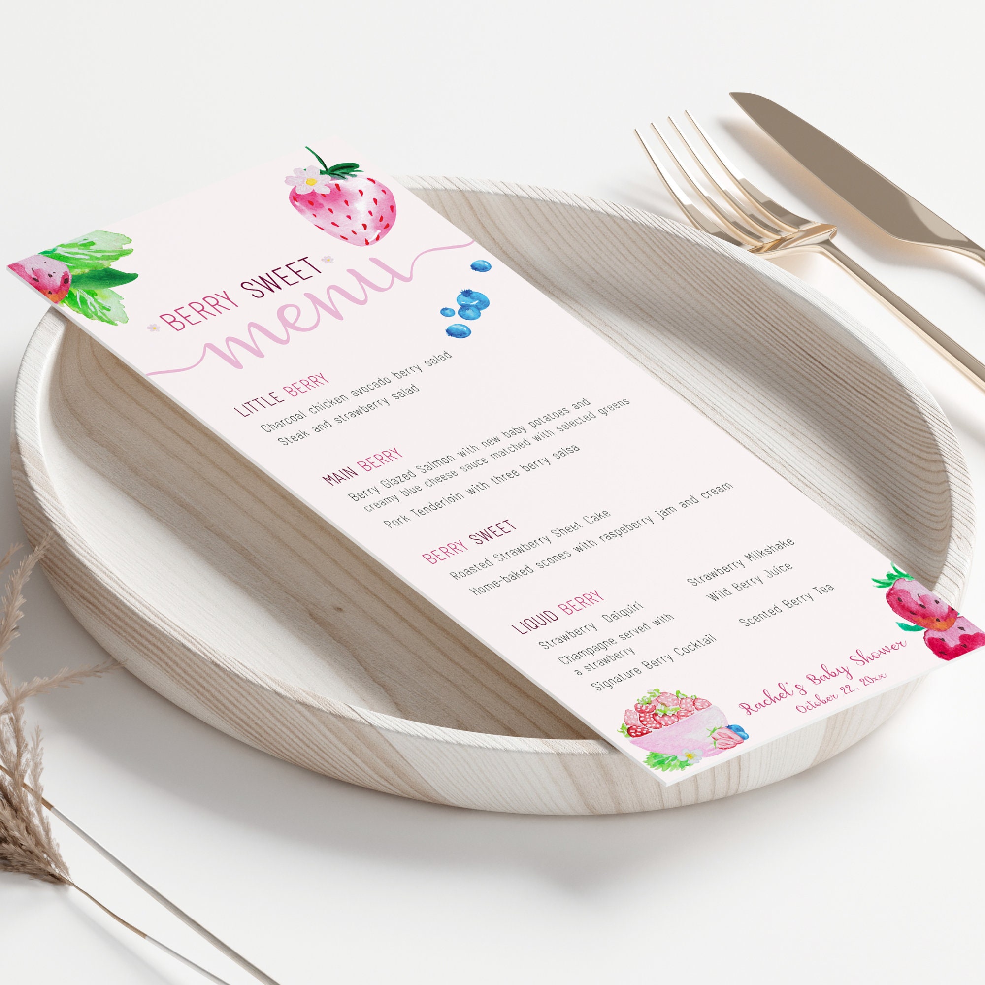 Berry Sweet Menu Card, Strawberry Themed Food and Drink List, Fruit ...