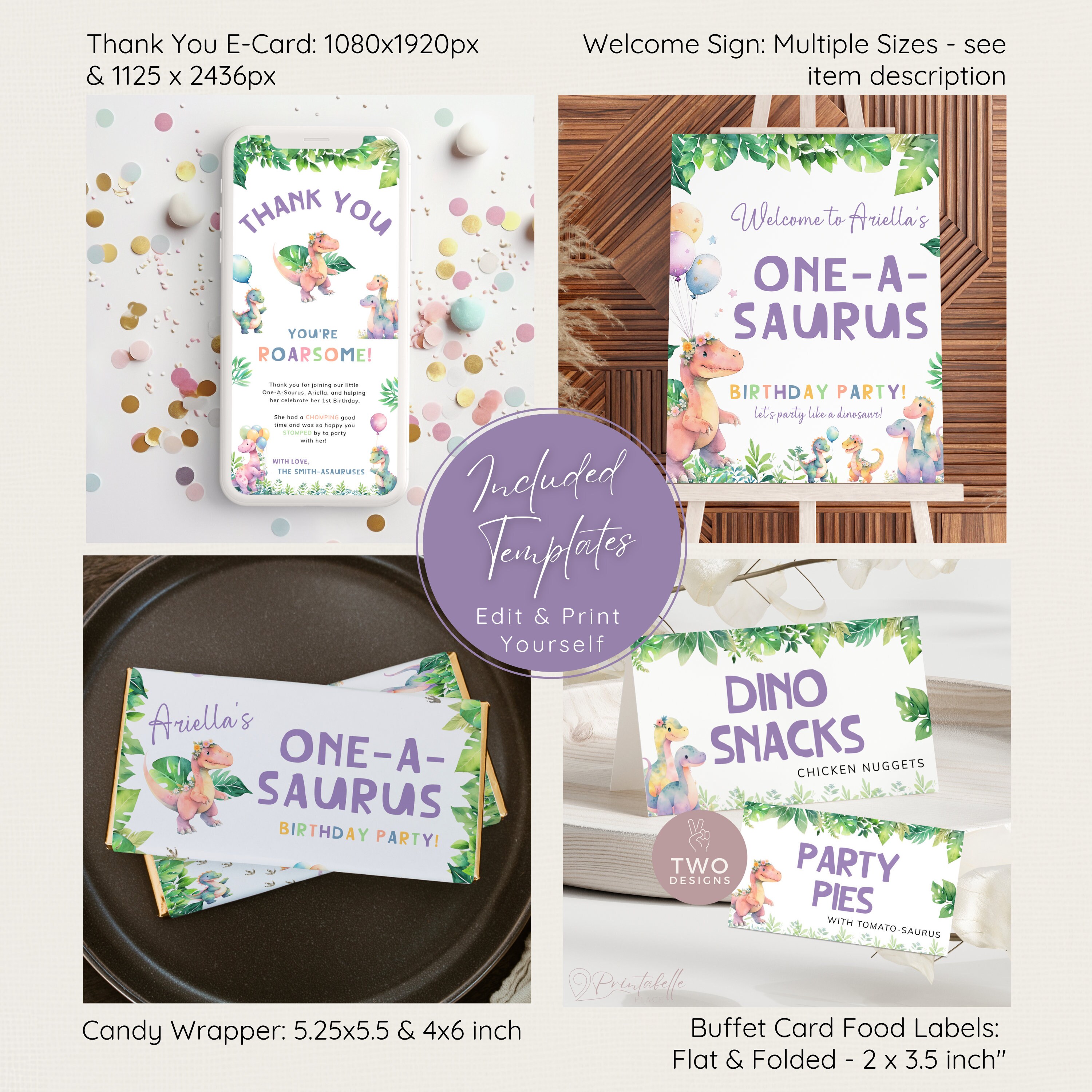 Dinosaur Themed, First Birthday Bundle, One A Saurus Party Pack, Pastel ...