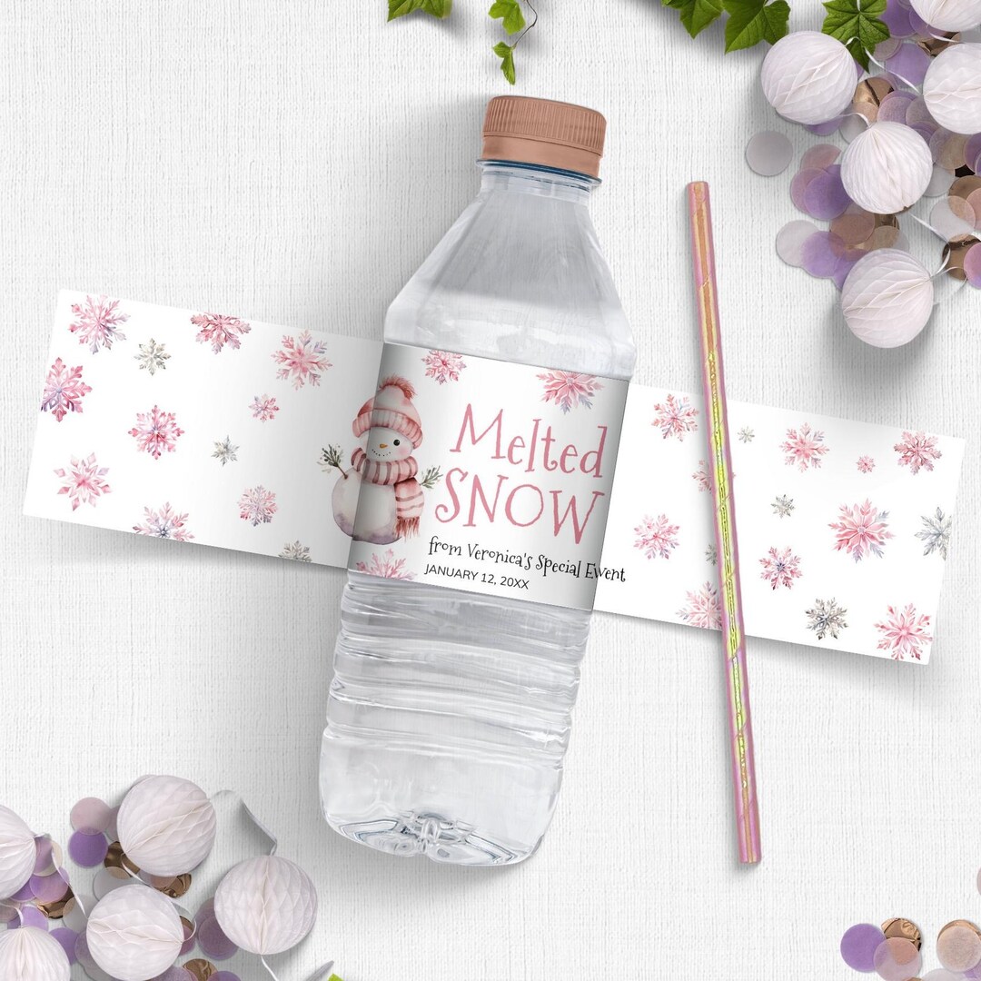 Water Bottle Labels Melted Snow, Pink Winter Themed Wrapper, Baby ...