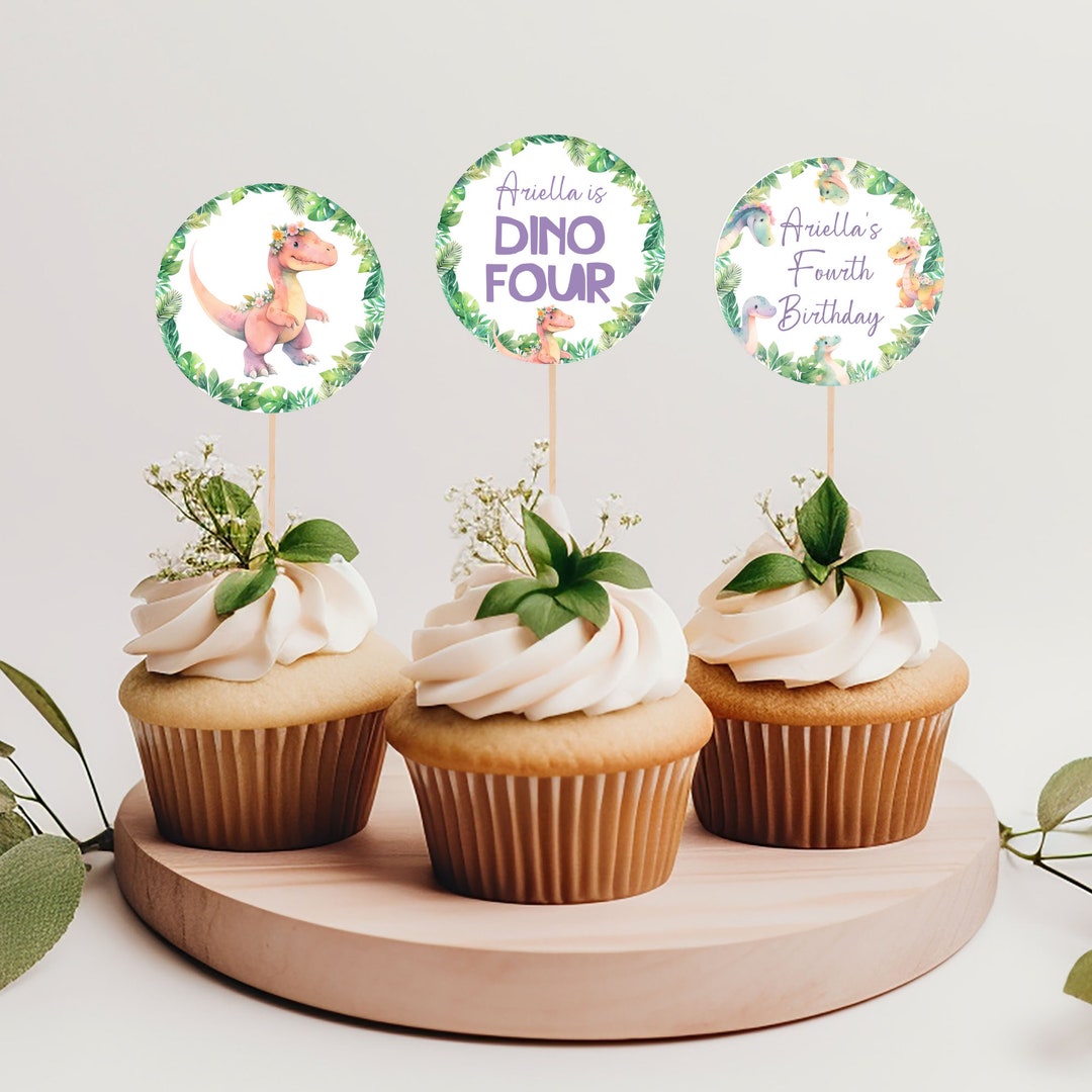 Dino Four Dinosaur Cupcake Toppers Printable Template for 4th Birthday ...