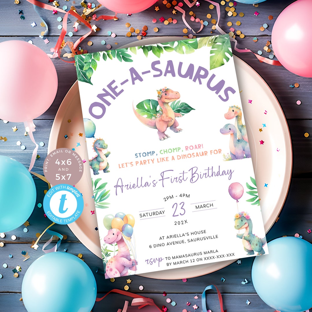 One A Saurus Birthday Invitation Template With Pastel Dinosaurs ...