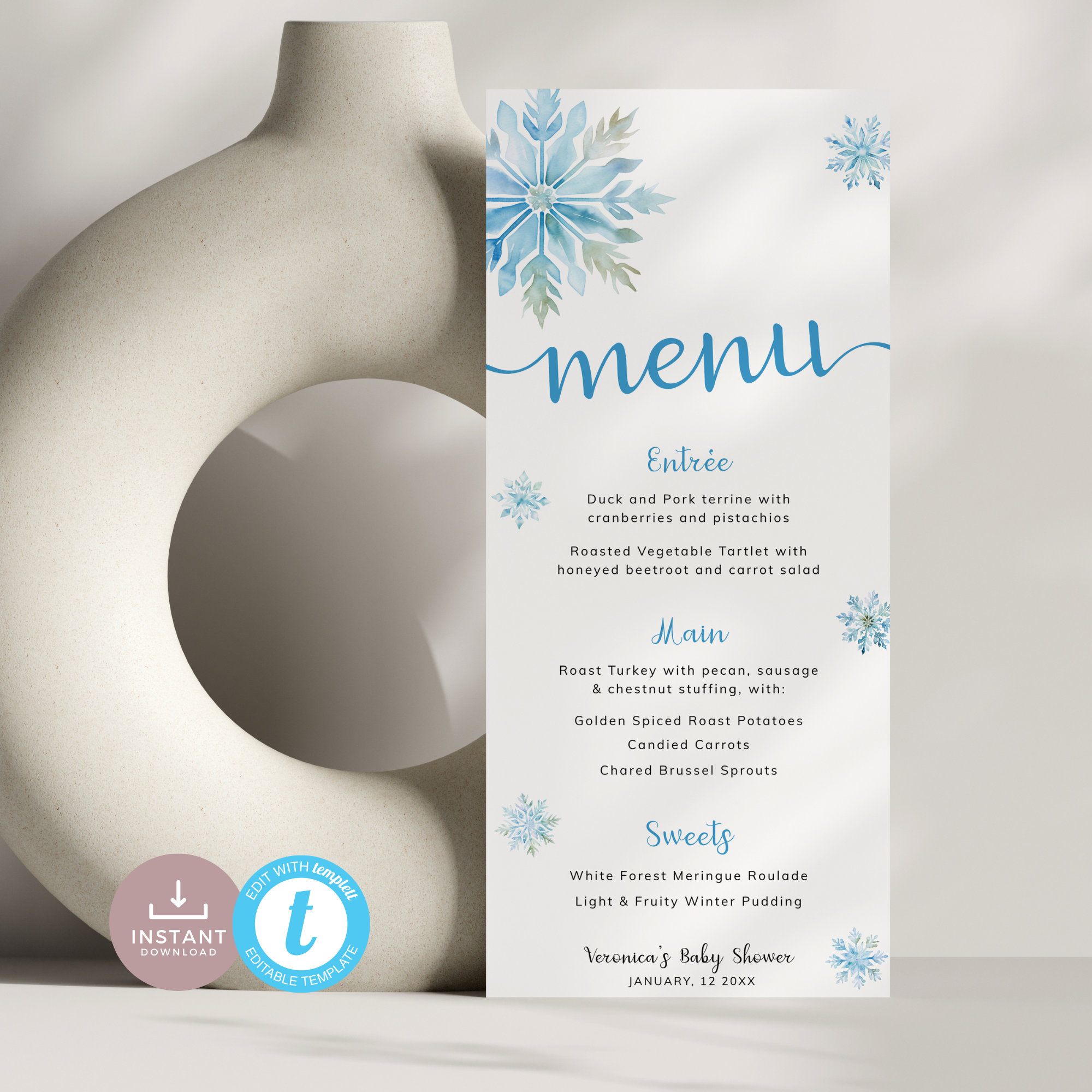 Snowflake Menu Card Template in Dusty Blue for Your Winter Wonderland ...