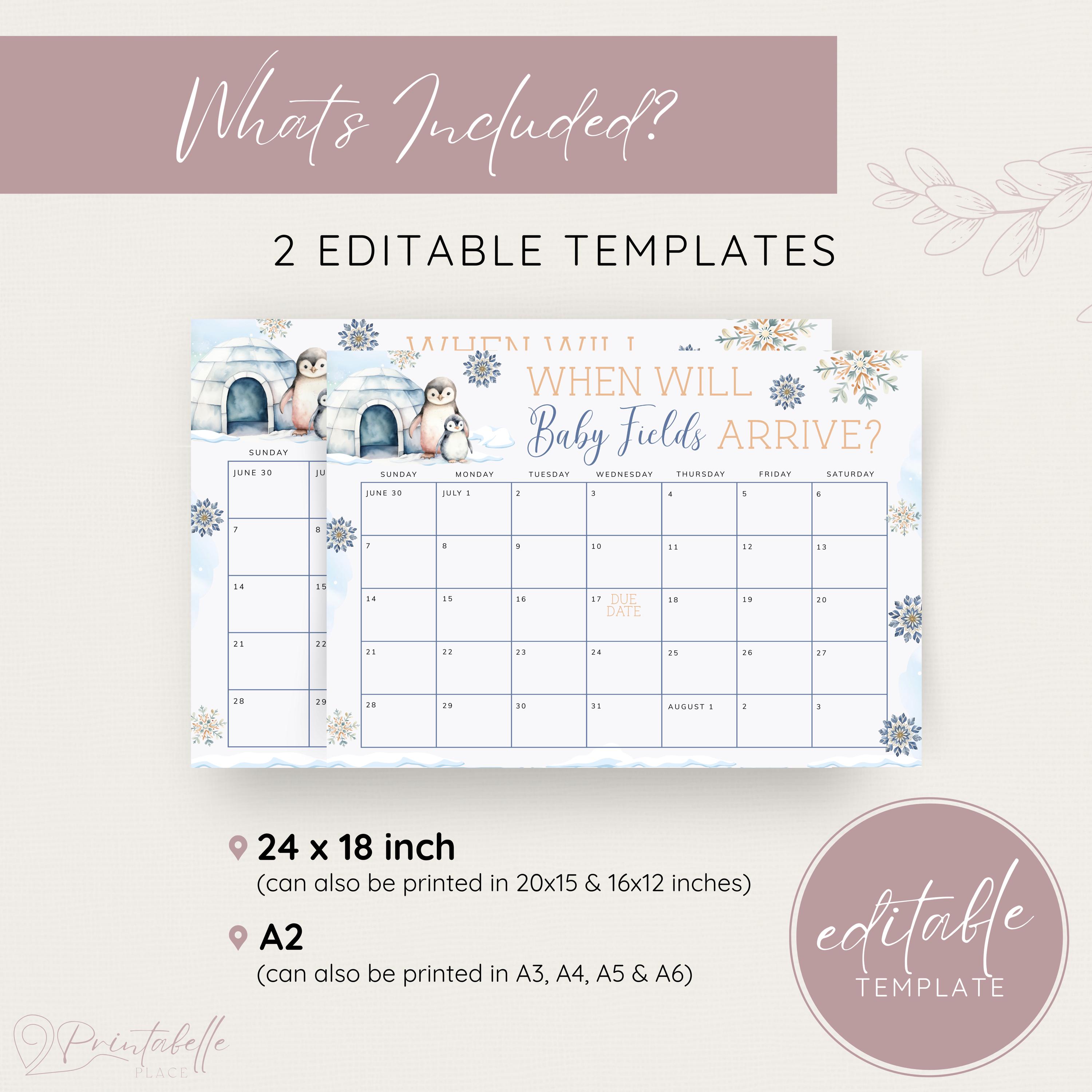 Winter Wonderland Baby Shower Game: Penguin Guess the Due Date Calendar ...