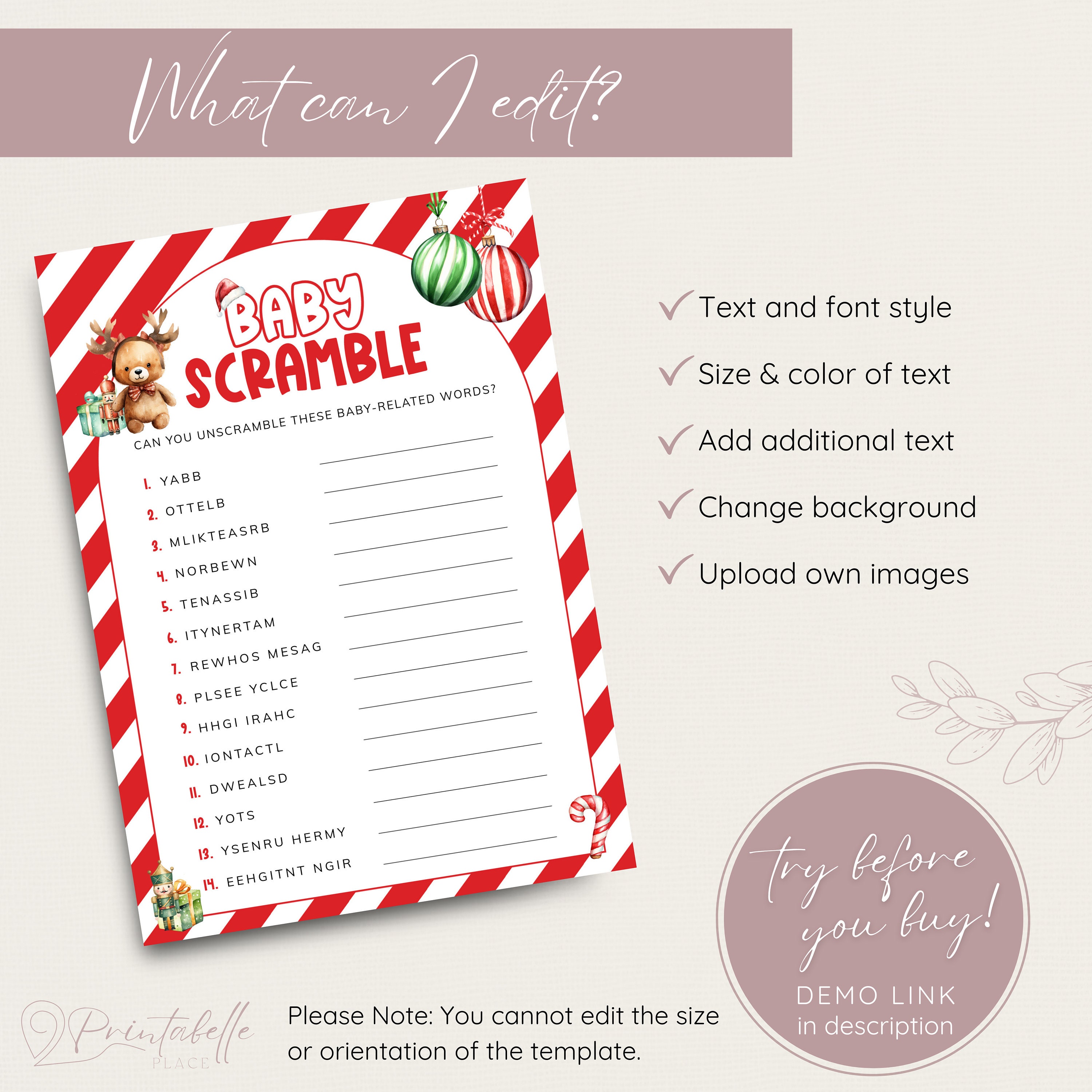 Merry Little Baby Shower Word Scramble With Answer Key, Christmas Theme ...