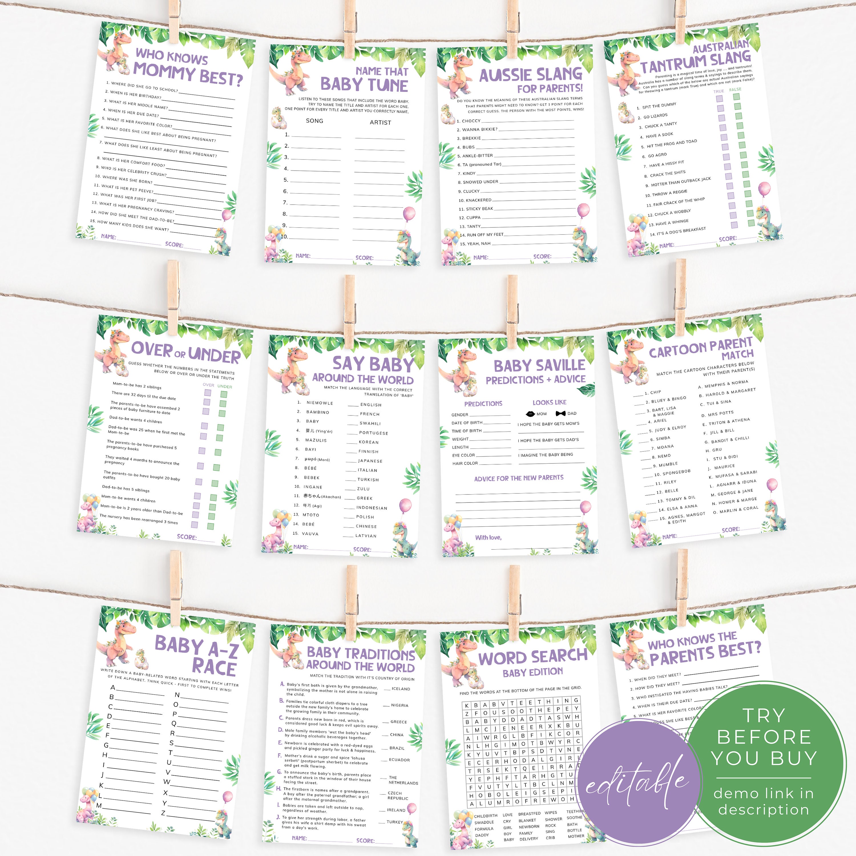 Dinosaur Baby Shower Games Bundle, Hatching Soon Activity Pack, Pastel ...