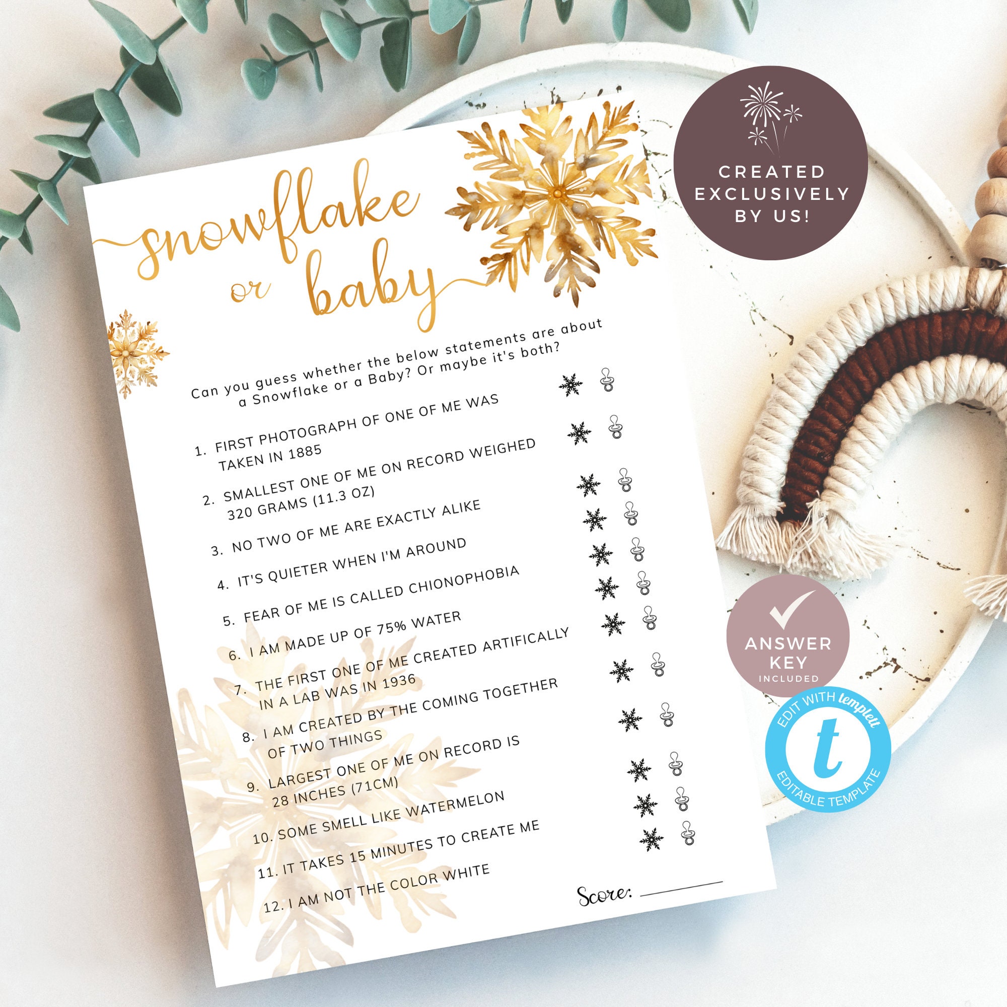 Snowflake or Baby Shower Game, Gold Snowflake Quiz, Winter Themed ...
