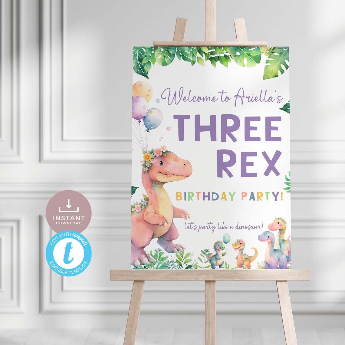 Three Rex Welcome Sign Featuring Peach T-rex Tyrannosaurus and Pastel ...