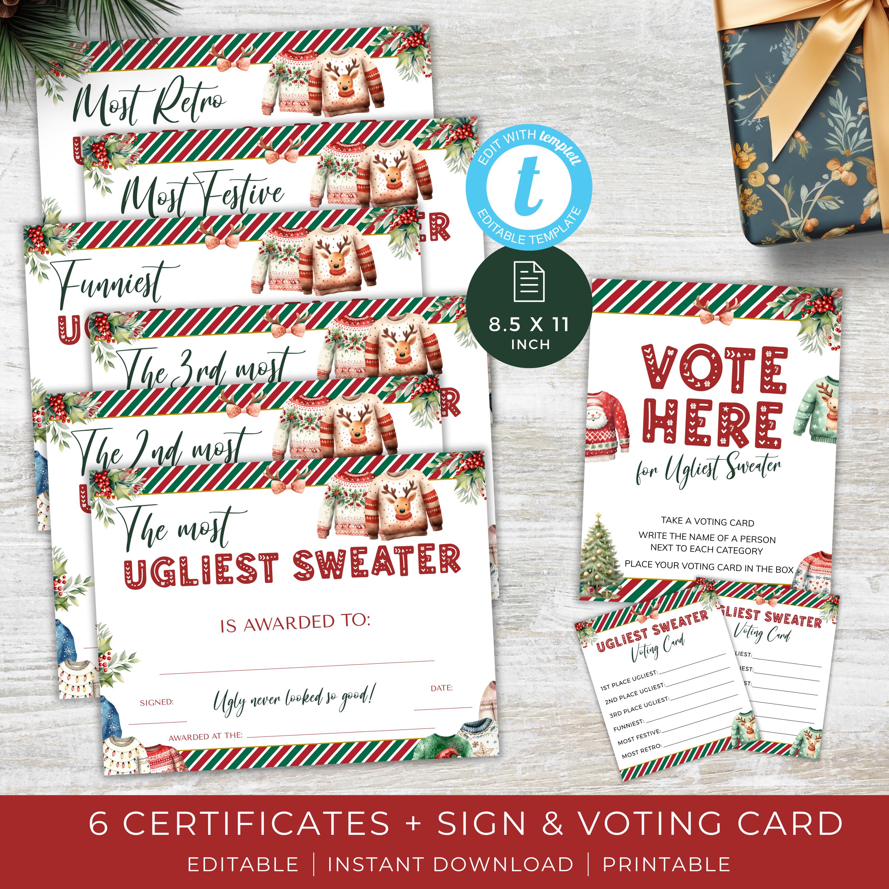 Christmas Ugly Sweater Certificate, Ugliest Competition Voting Card and ...