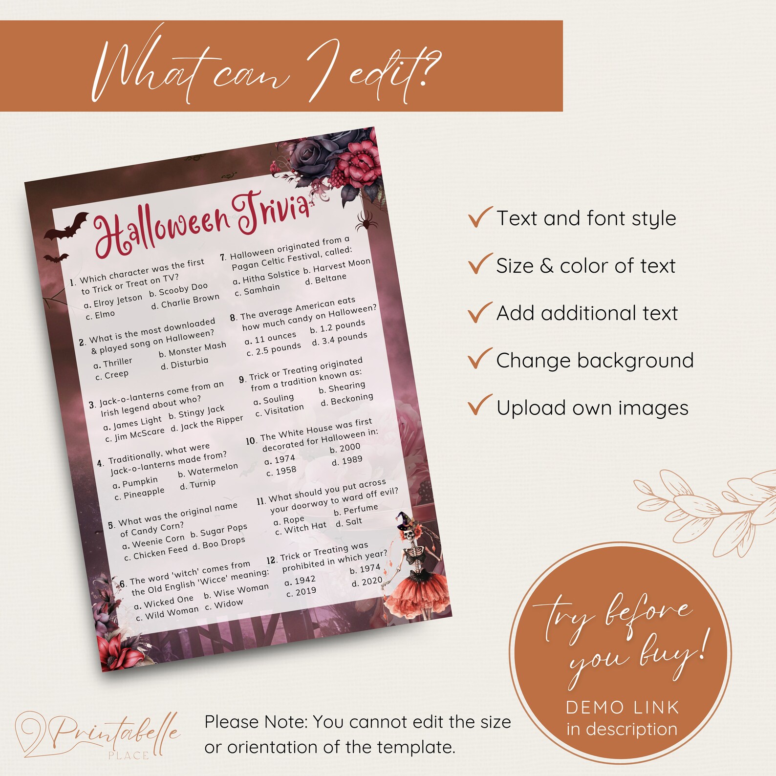 Halloween Trivia Game Printable, Witchy General Knowledge Quiz, Gothic ...
