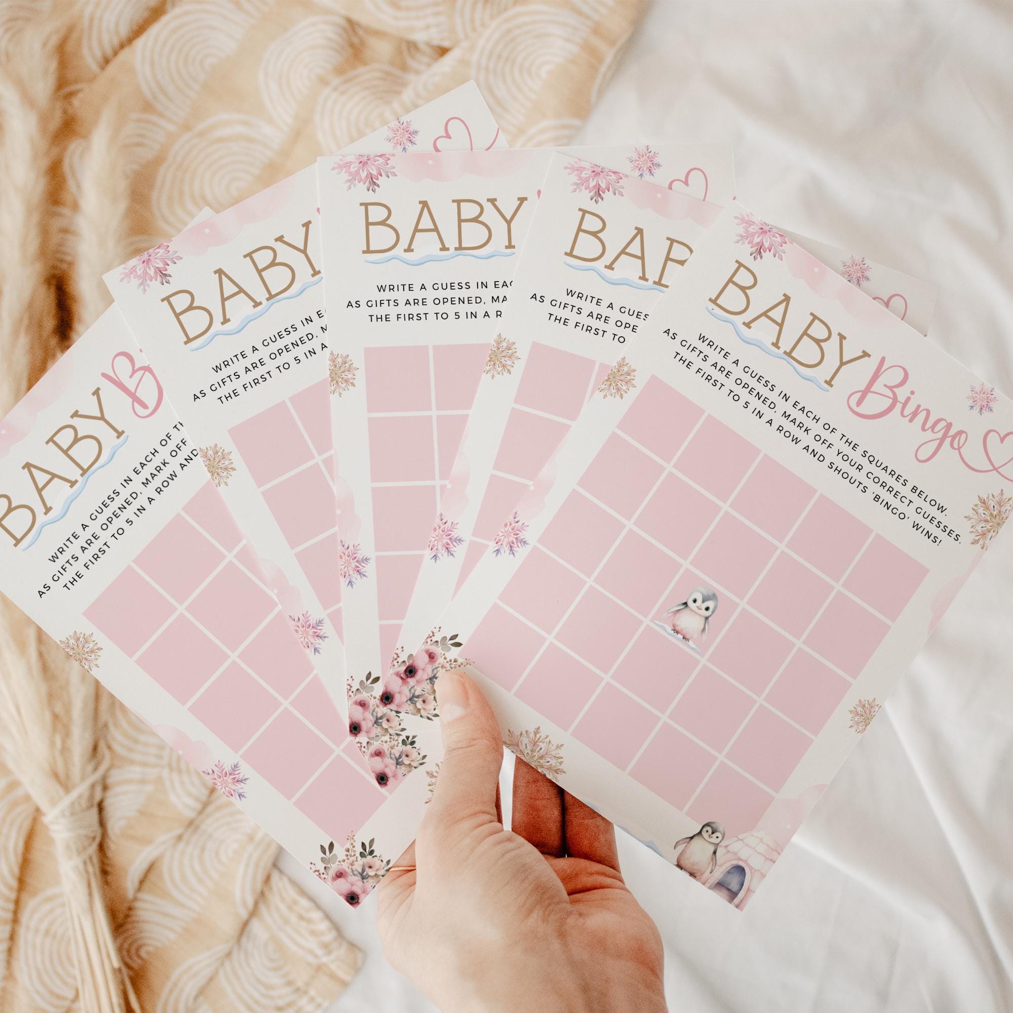 Winter Baby Shower Bingo, Pink Snowflake Baby Bingo Blank, Penguin ...