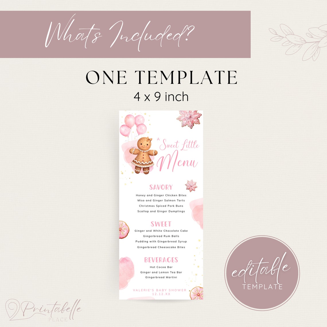 Gingerbread Themed Menu Card, Pink Christmas Food and Drinks List ...