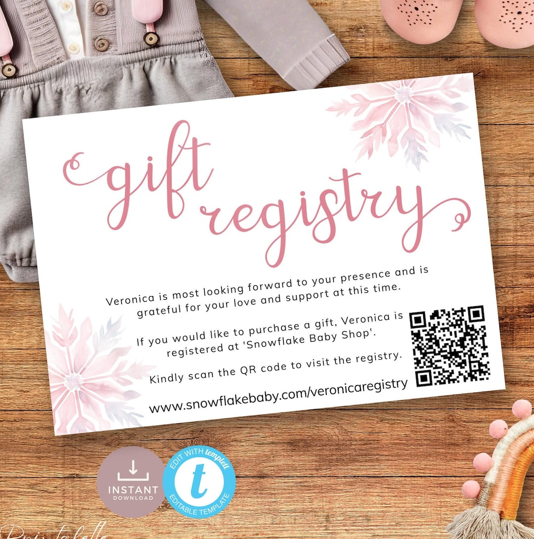 Pink Snowflake Baby Shower Registry Card With Qr Code, Winter Themed ...