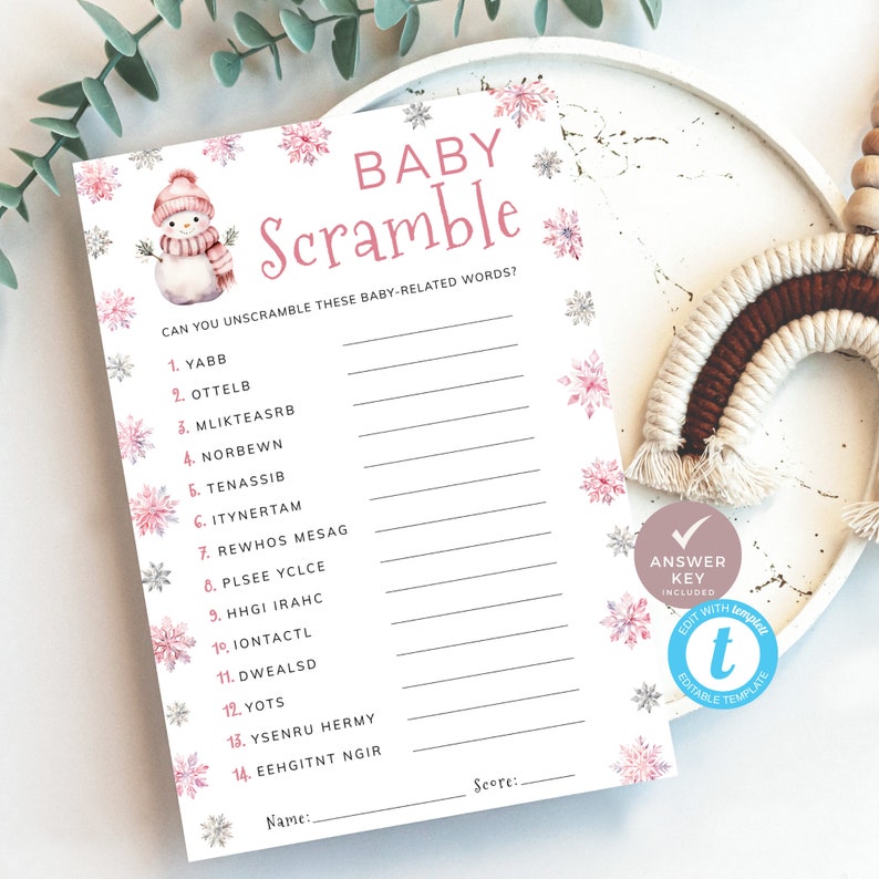 Word Scramble Baby Shower Game Answer Key Included in Pink Winter Theme ...
