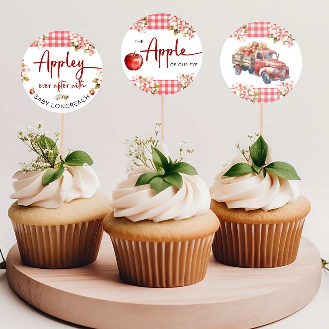 Apple Baby Shower Cupcake Toppers: Red Truck Gingham Decor (editable ...