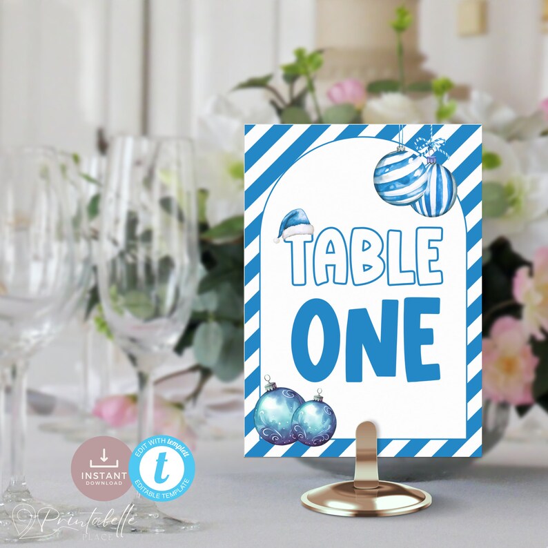 Christmas Table Numbers Printable, Merry Little Blue Table Name Signs ...