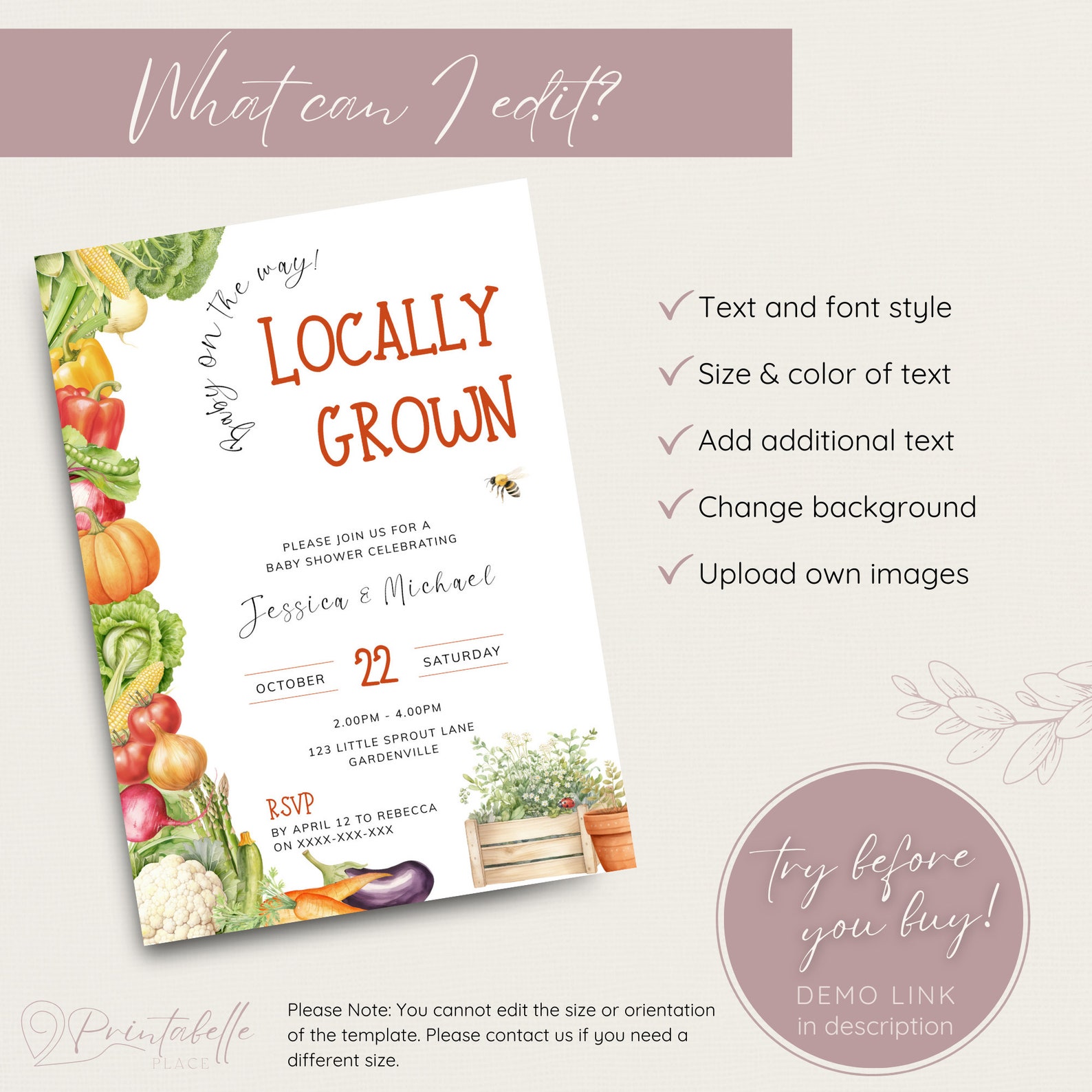 Locally Grown Baby Shower Invitation Template, Farmer Market Garden ...