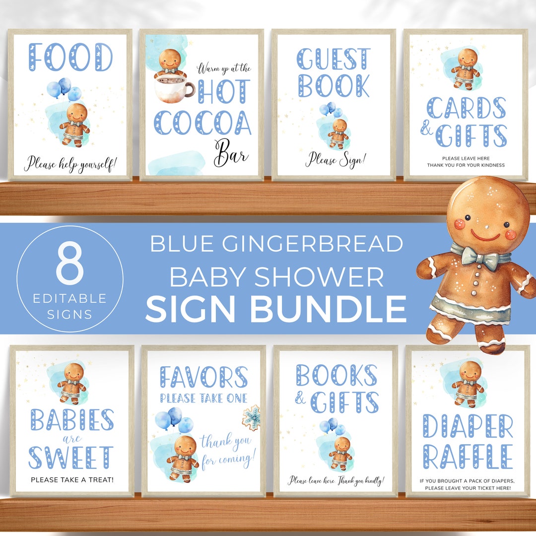 Blue Gingerbread Man Baby Shower Sign Bundle, Cookie Table Signage Set ...