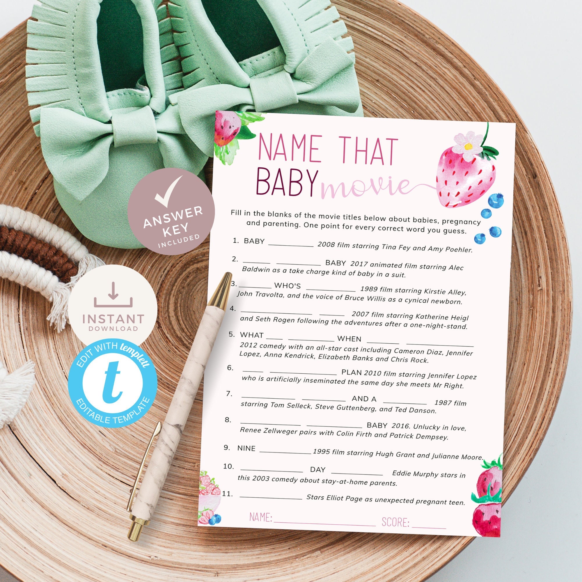 Strawberry Name That Baby Movie Trivia, Berry Sweet Baby Shower Game ...