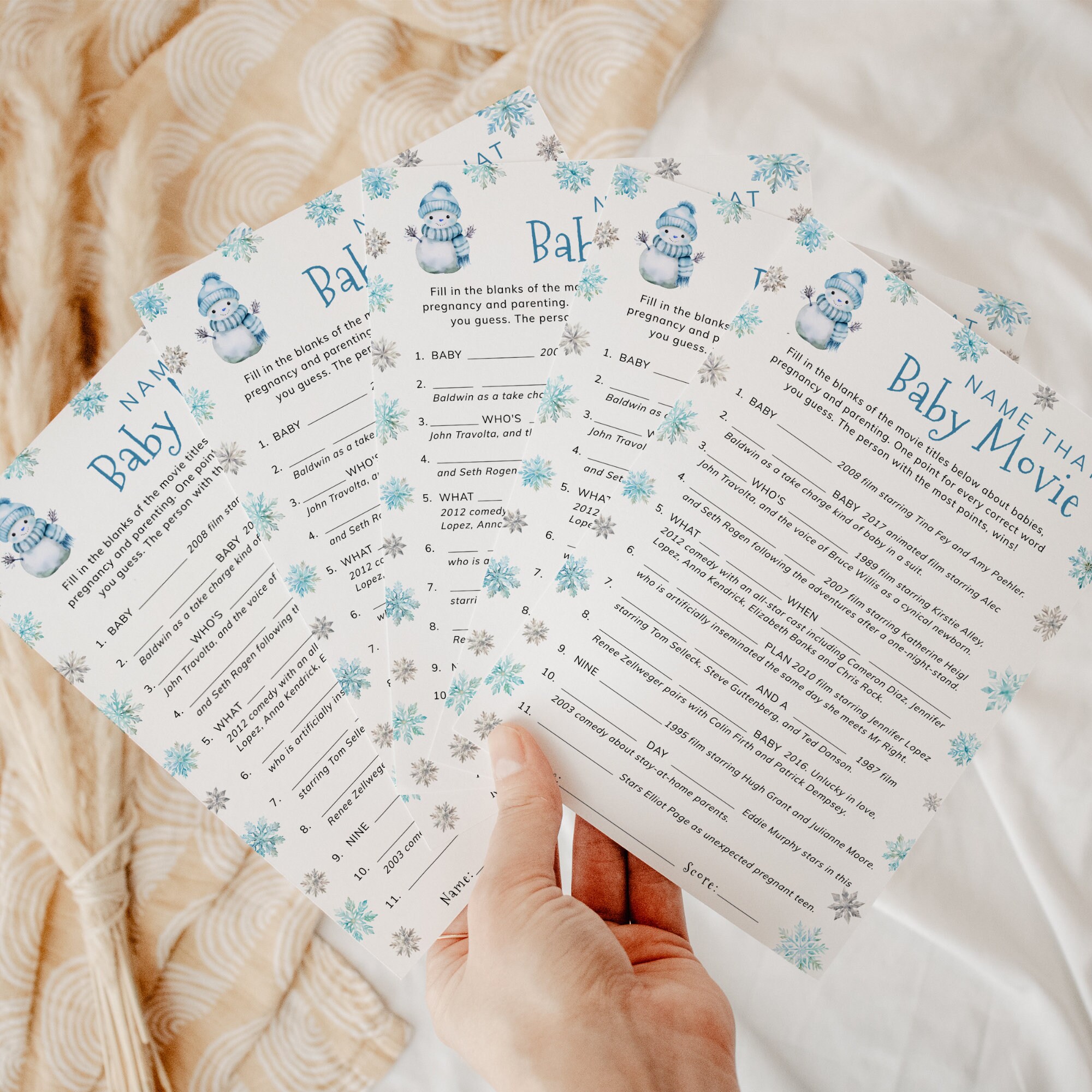 Guess the Baby Movie Baby Shower Game in Dusty Blue Winter We're Snow ...