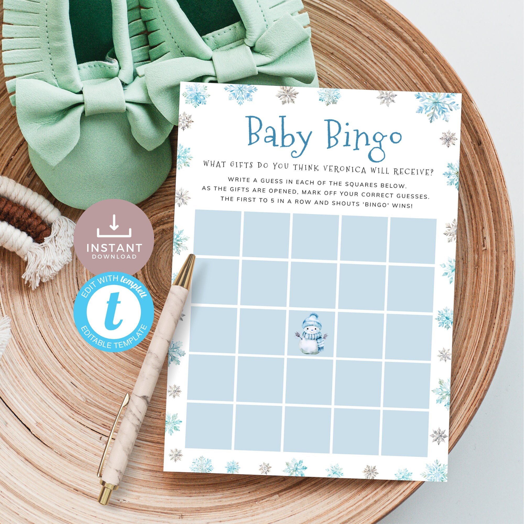 Winter Baby Shower Bingo Card in Dusty Blue With Snowflakes & Adorable ...