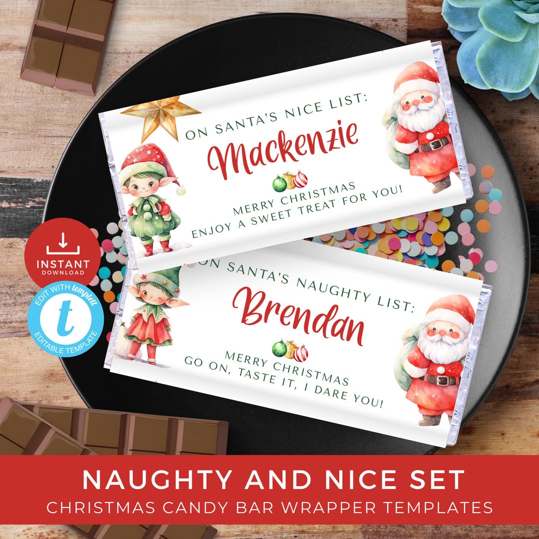 Christmas Candy Bar Wrappers Personalized, Naughty and Nice Chocolate ...