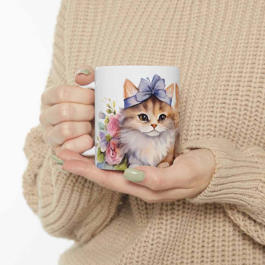 Vintage Cat Ceramic Mug, 11oz White Cat Mug Coffee Mug, 11oz Cup Gift ...