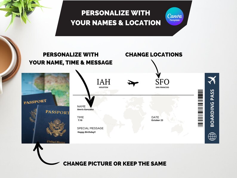 Editable Boarding Pass Template Surprise T Ideas Printable Airline Ticket Canva Boarding