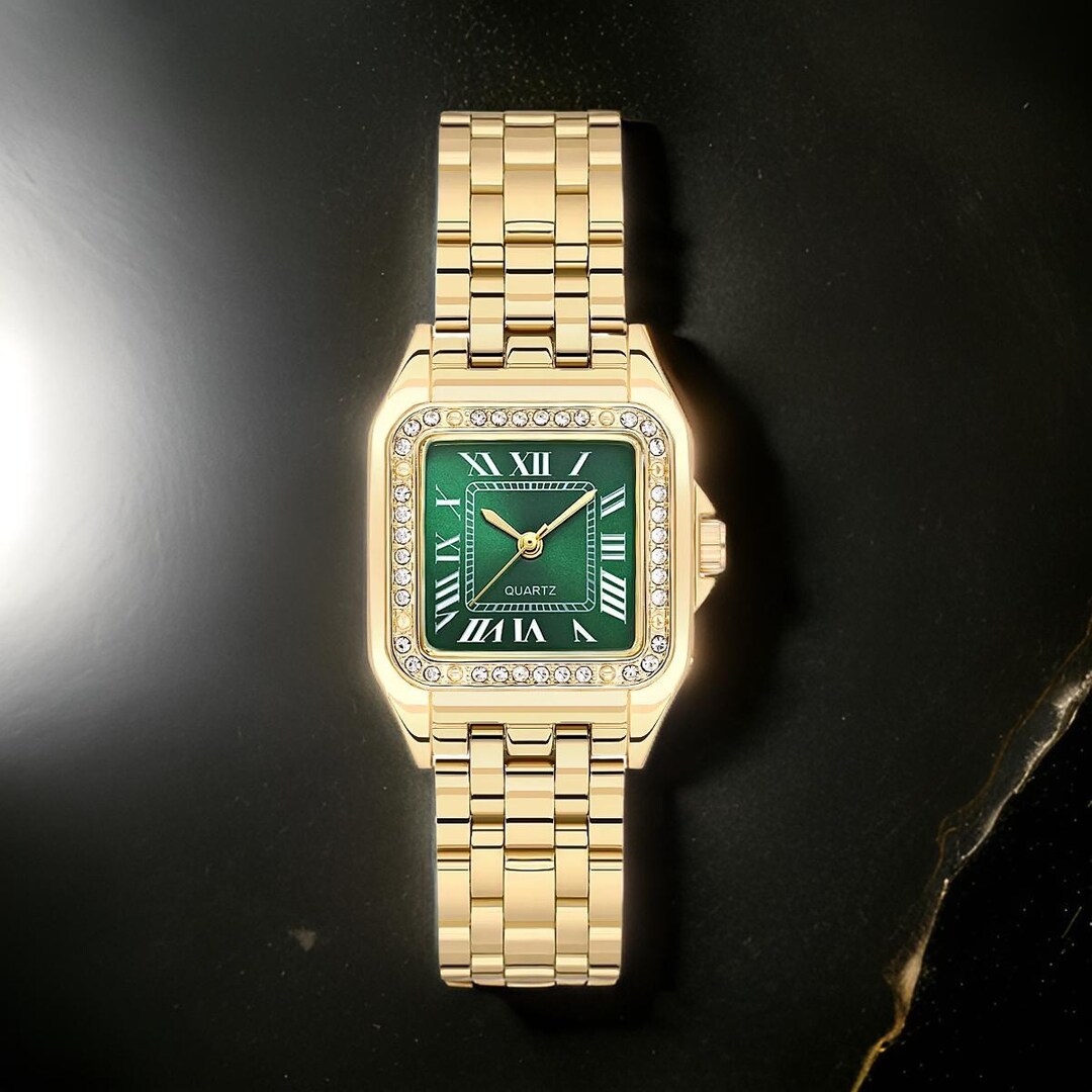 Luxury Gold Watch With Green Dial and Crystal Accents Roman Numerals ...