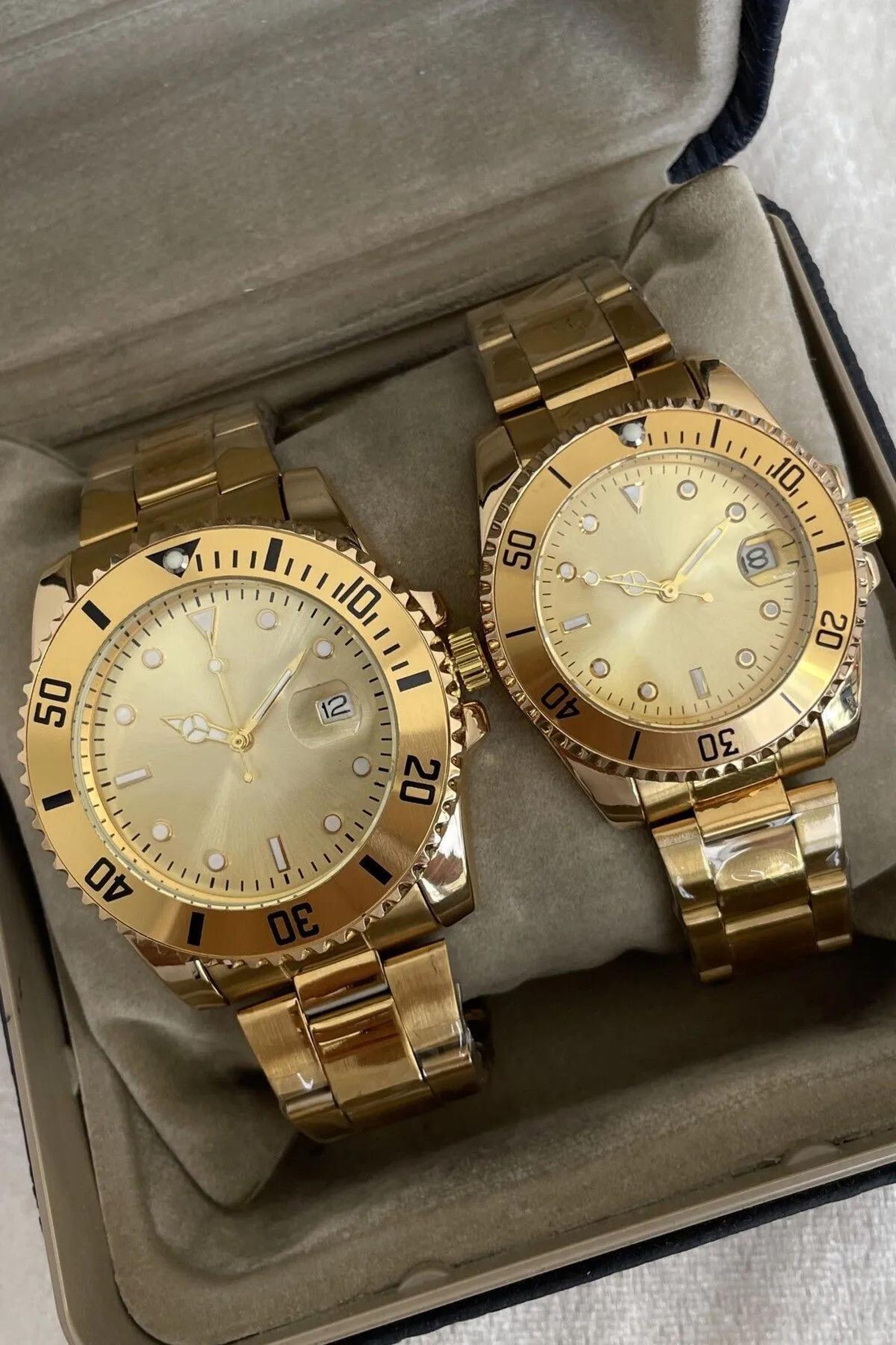 Gold-tone His & Hers Matching Watch Set – Quartz Luxury Couple Watches ...
