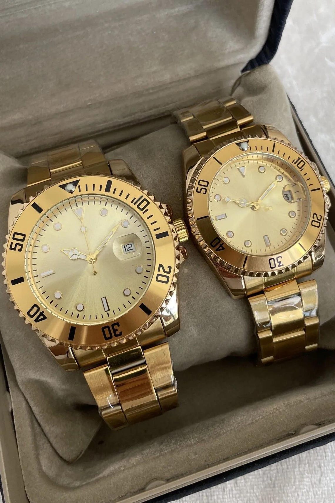 Gold-tone His & Hers Matching Watch Set – Quartz Luxury Couple Watches ...