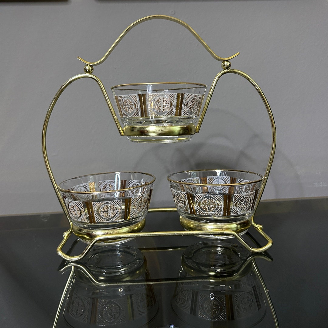 VINTAGE 1960s MCM Libbey Snack-rack Gold Glass Condiment Snack Holder ...
