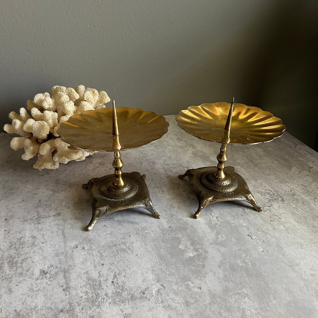 VINTAGE Pair of Brass Pillar Candle Holders Light Academia Decor ...